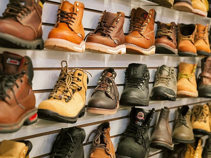 These aren't just boots—they're the working-class equivalent of Louboutins, lined up like soldiers ready for duty on job sites across Miami.