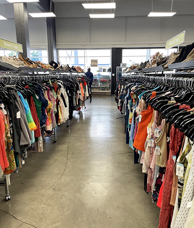 The thrifter's yellow brick road. Follow this path between the clothing aisles to discover what previous generations knew about quality.