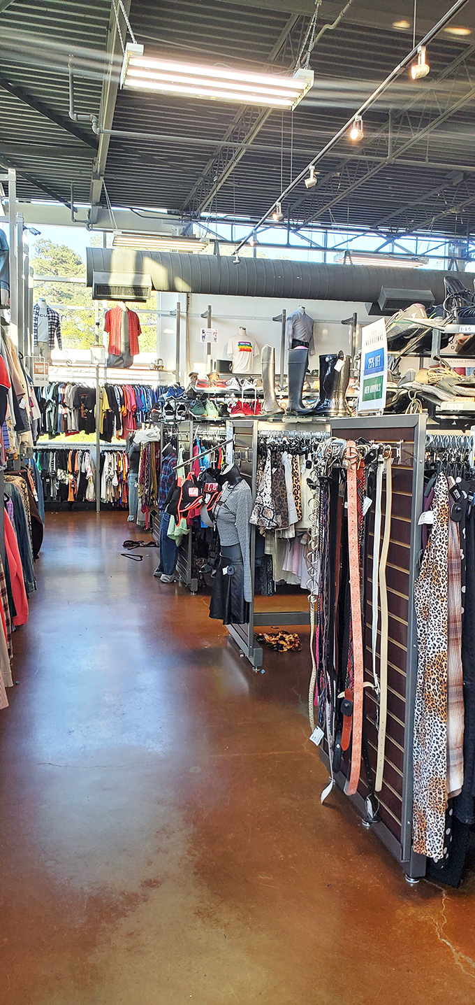 Industrial-chic meets bargain-hunting heaven with exposed ductwork overhead and fashion gold mines below.