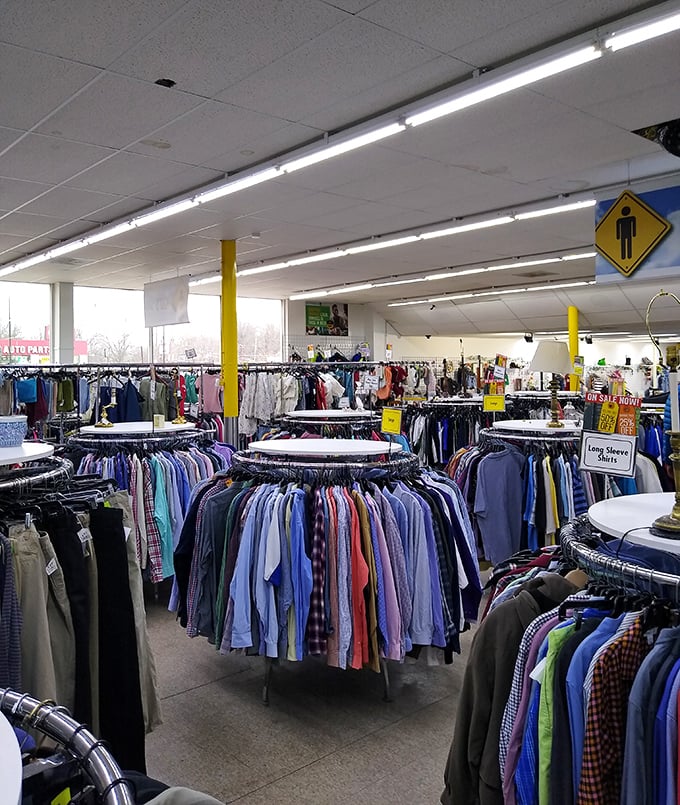 The men's department resembles a clothing carnival, with circular racks spinning tales of previous owners and future possibilities for savvy shoppers.
