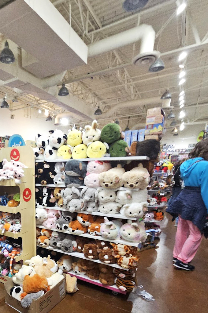 Plush paradise! These adorable stuffed companions are just waiting to be adopted and taken home from their temporary shelf residence.