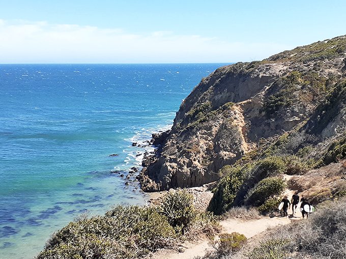 Where the mountains meet the sea, surfers find their rhythm. Like jazz musicians improvising with nature's symphony, they dance on water beneath dramatic cliffs.