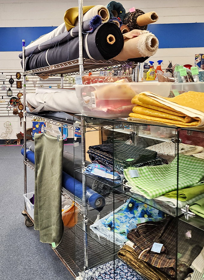 Fabric enthusiasts, prepare to swoon. These neatly organized textile treasures await their second act in your next DIY project or home makeover.