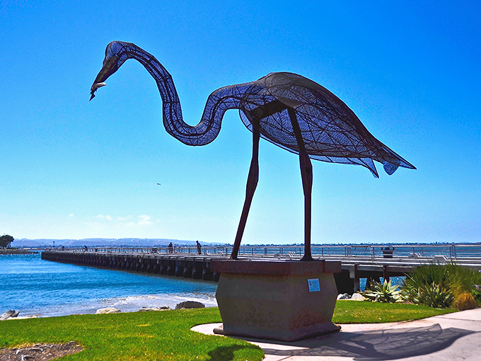 The Great Egret sculpture watches over Chula Vista's bayfront, a metallic guardian that never complains about the perfect weather.