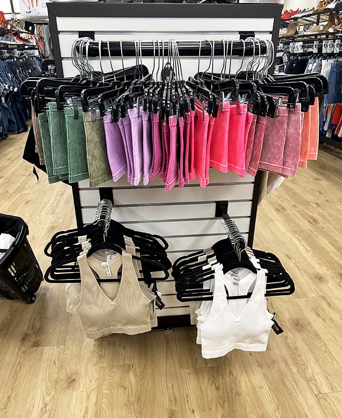 A rainbow of corduroy shorts that proves secondhand doesn't mean second-best. Each hanger holds a story and a steal.