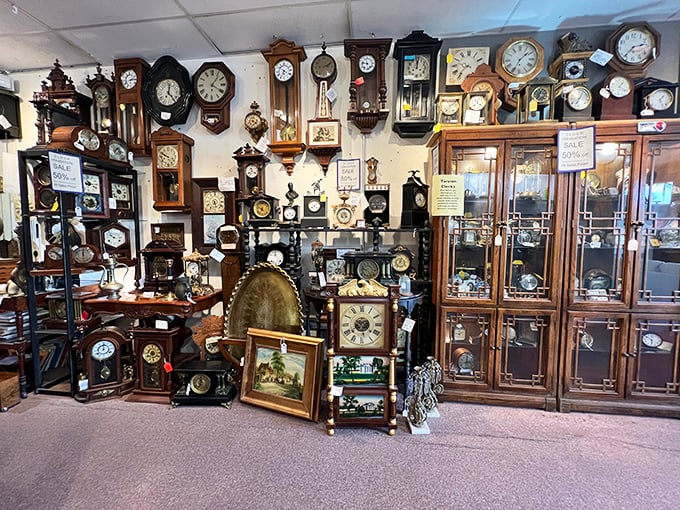 Time literally stands still in this horological heaven. Dozens of antique clocks create a silent symphony of craftsmanship spanning centuries.