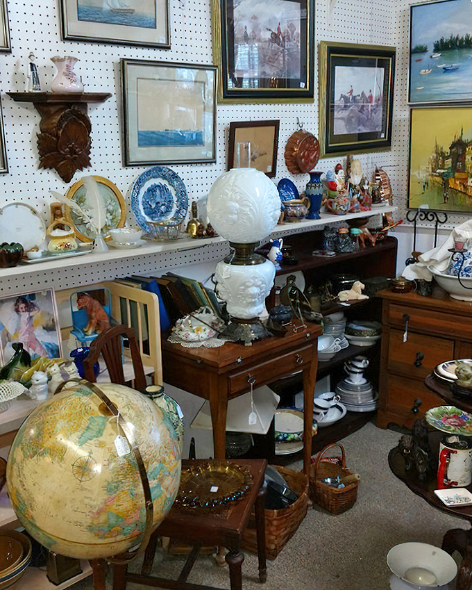 Every shelf tells a different American story. That globe has probably seen more of the world than most of us ever will.