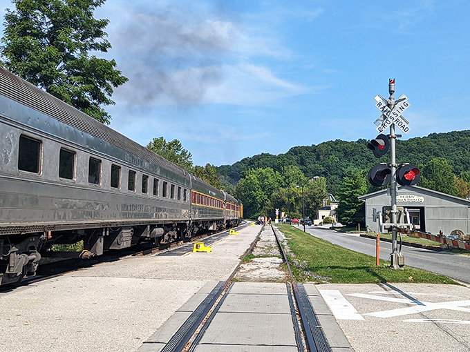 Where past meets present: silver passenger cars wait beside railroad crossing signals, a timeless scene that's been playing out for generations.