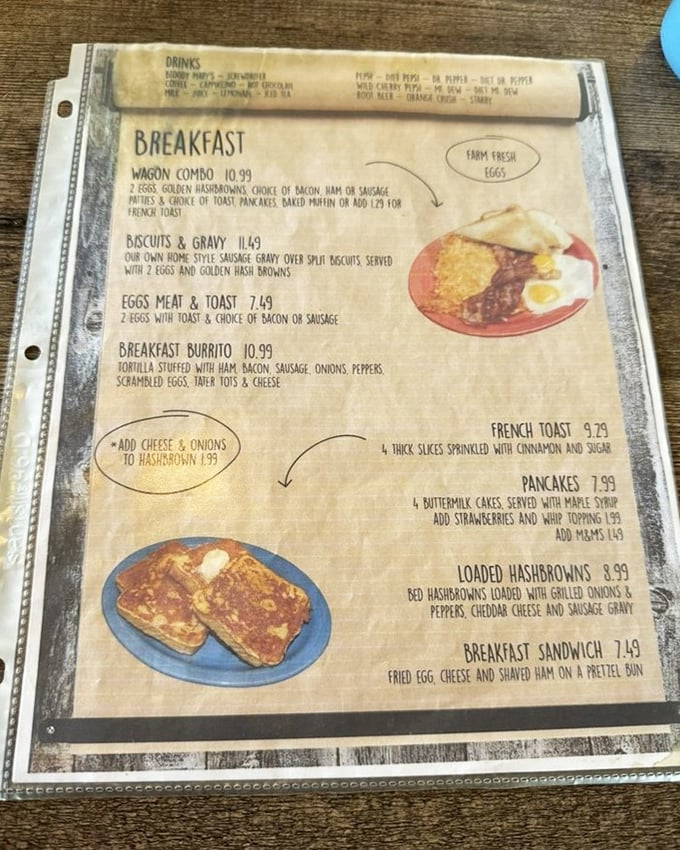 The menu reads like a love letter to comfort food, with breakfast served all day because some rules are meant to be broken.
