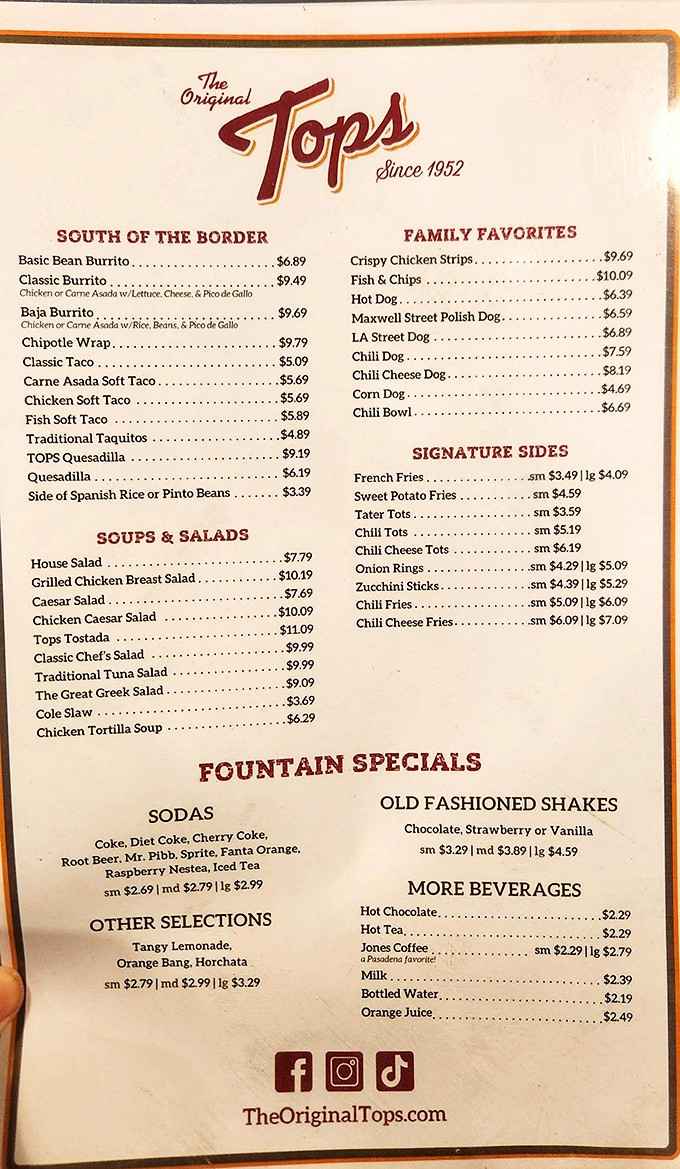 The Original Tops menu offers a wide variety of classics, from burritos and tacos to hot dogs, salads, and signature sides.