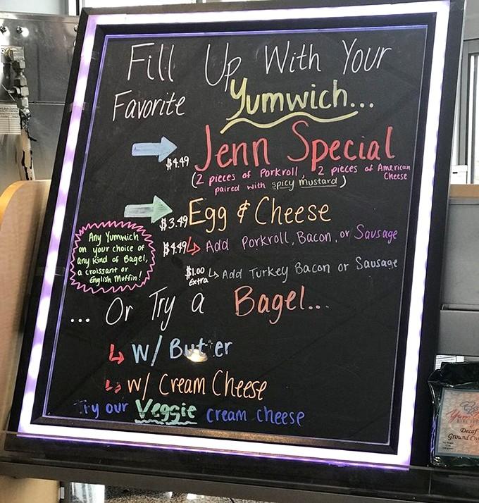 The handwritten menu board tells the whole story: this is where breakfast dreams become delicious reality.