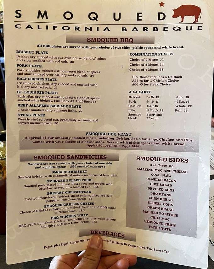 This menu reads like poetry to carnivores, promising burnt end bliss and brisket dreams that money actually can buy.