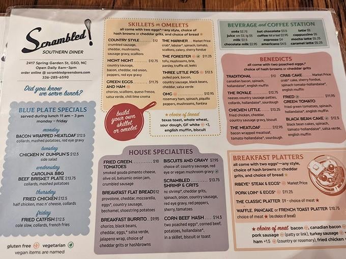 One glance at this menu and you'll understand why decision-making becomes deliciously difficult at Scrambled Southern Diner.