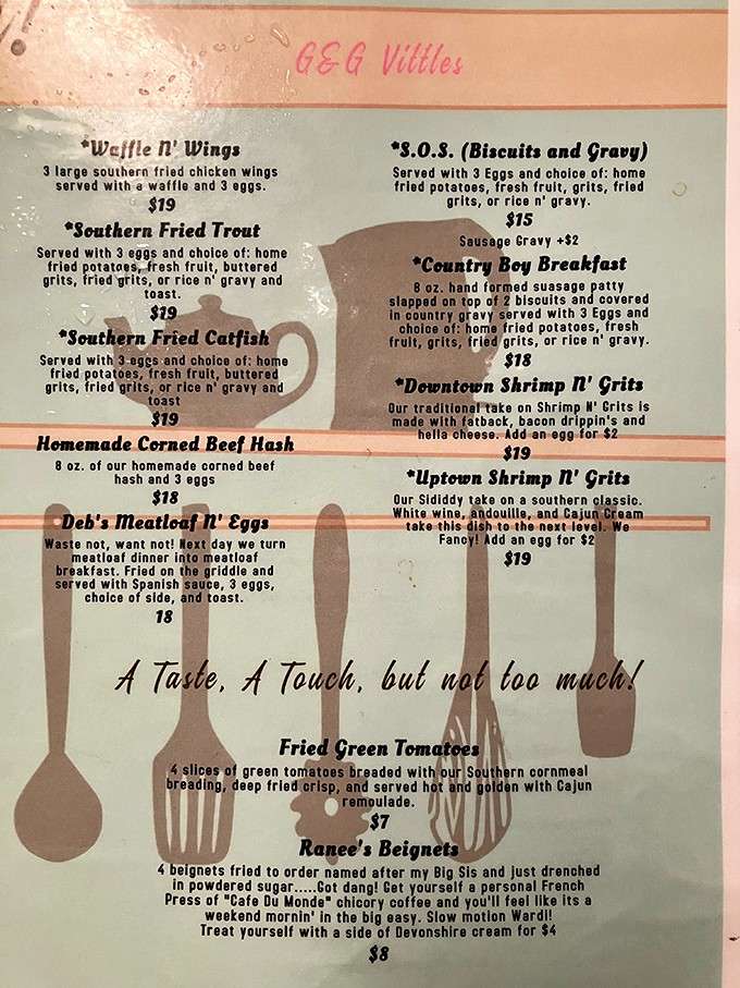 The menu reads like a love letter to Southern comfort, featuring everything from shrimp and grits to beignets.