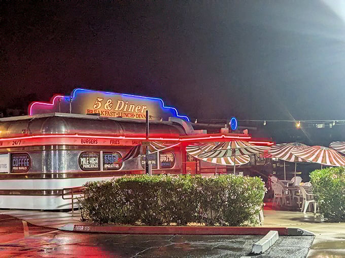 Neon lights and chrome details promise the kind of milkshake-thick nostalgia your taste buds remember.