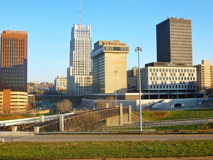 Akron's skyline stretches along the river like a rubber band that snapped back into greatness.