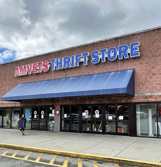 Amvets' bold red and blue sign stands proud, promising bargains that support our veterans.