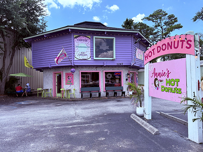 Annie's Hot Donuts' purple and pink building is impossible to miss &ndash; like a rainbow decided to open a bakery.