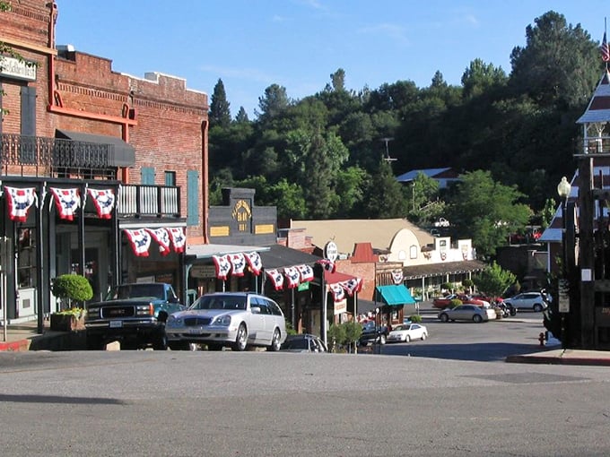 Red, white and blue bunting transforms this historic Gold Country street into a patriotic celebration that would make Norman Rockwell proud.