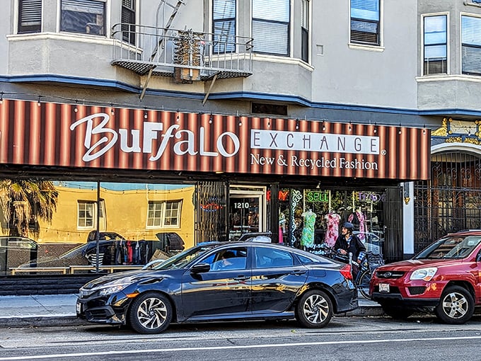 Buffalo Exchange's distinctive storefront brings a splash of vintage cool to Valencia Street. San Francisco's fashion-forward thrifters make this their first stop.