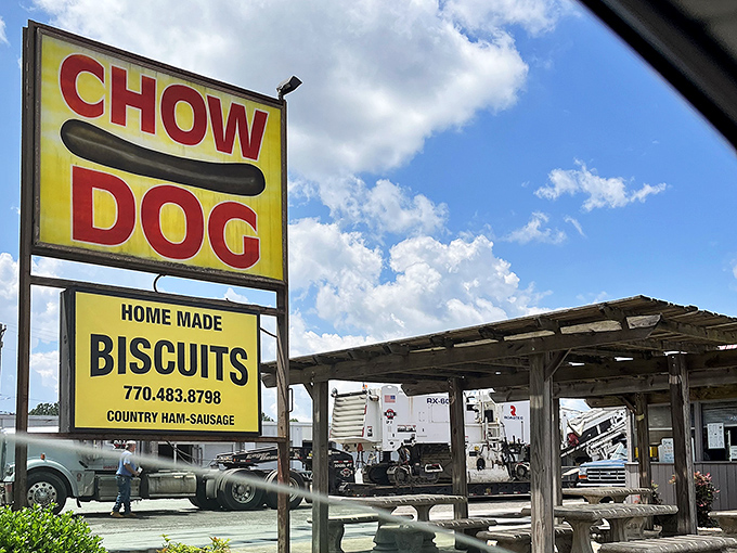 When a bright yellow sign practically shouts "hot dogs," you know someone's serious about sausages.
