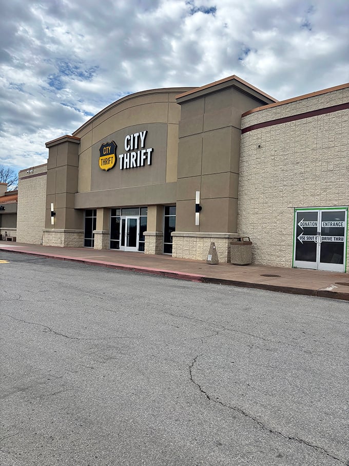 City Thrift's impressive facade could be mistaken for a department store. Don't be fooled—those yellow donation signs lead to prices that'll make your wallet sing!