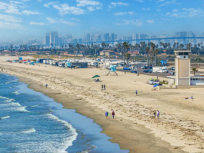 Coronado's sparkling mica-flecked sand creates a natural glitter carpet beneath the iconic Hotel del Coronado's Victorian splendor.