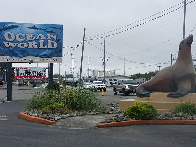 Ocean World's giant sea lion statue waves hello to visitors seeking coastal charm without coastal costs.