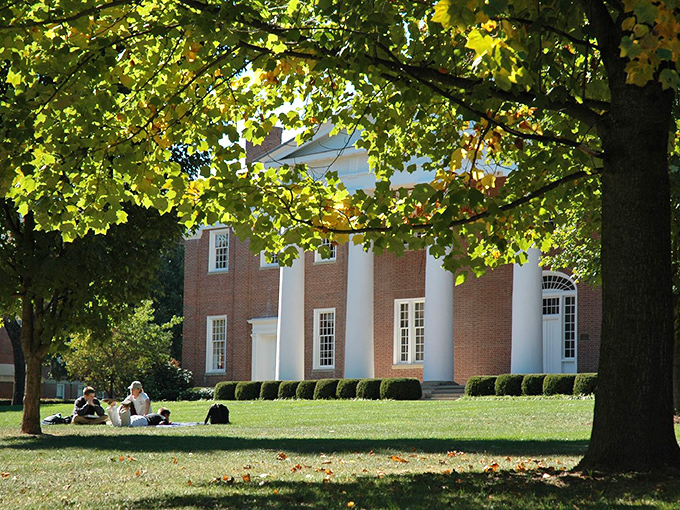 Tranquil campus grounds at Centre College in Danville, where free concerts and cultural events enrich retirees' lives without emptying wallets.