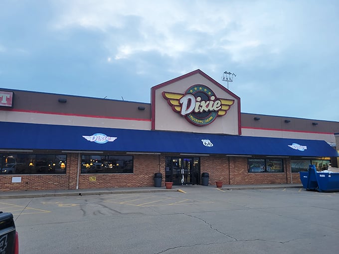 The Dixie sign beckons hungry travelers with promises of real comfort food.