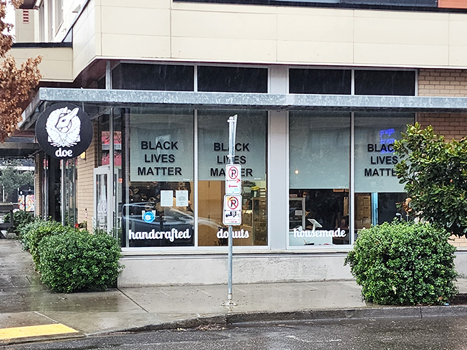 Doe Donuts makes a bold statement with its storefront signage, inviting plant-based eaters and donut lovers alike.