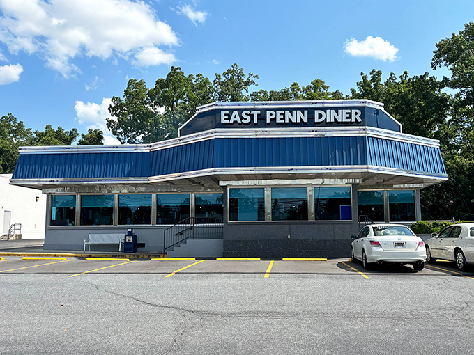 East Penn Diner's striking blue exterior is like a beacon for breakfast lovers. This is where pancake dreams come true.