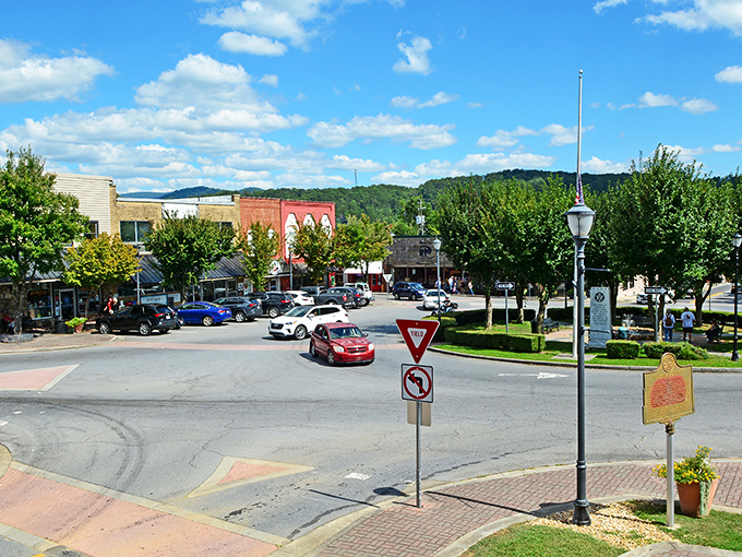 This town square feels like the heart of Norman Rockwell's America, beating strong in mountain country.