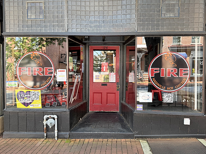 Fire's bold red door is both an invitation and a warning&mdash;Nashville hot chicken that lives up to its name awaits the brave!