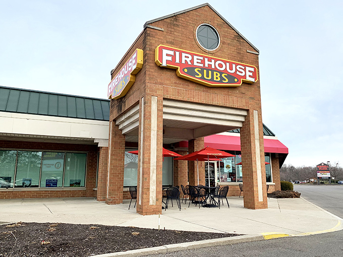 Firehouse Subs' distinctive facade brings a touch of emergency service charm to your lunch emergency.