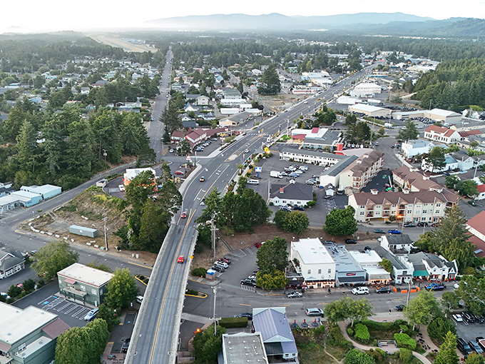An aerial view of Florence’s main drag shows off its color, charm, and small-town energy—ready for your camera roll.