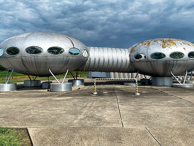 Futuro House: Beam me up, Ohio! This flying saucer home looks ready for takeoff under stormy skies.