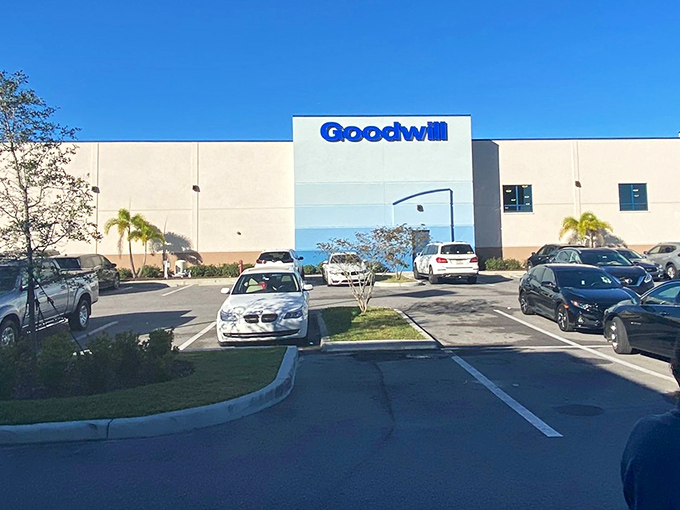 That Goodwill blue hits different when you know incredible bargains await behind those doors.