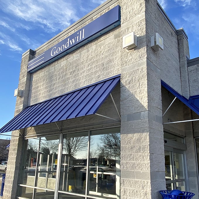 Goodwill's blue awnings are like beacons of hope for both your wardrobe and your wallet. No fashion emergency goes unsolved here!