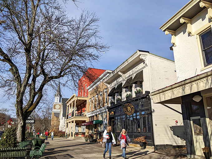 Seasonal strolling in Granville! Church spires and bare trees frame a downtown where your retirement check buys more than just peace of mind.