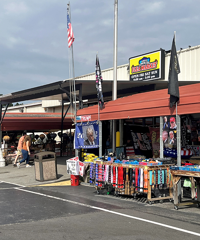 The Great Smokies Flea Market sign doesn't lie about being open weekends &ndash; consistency counts in treasure hunting.
