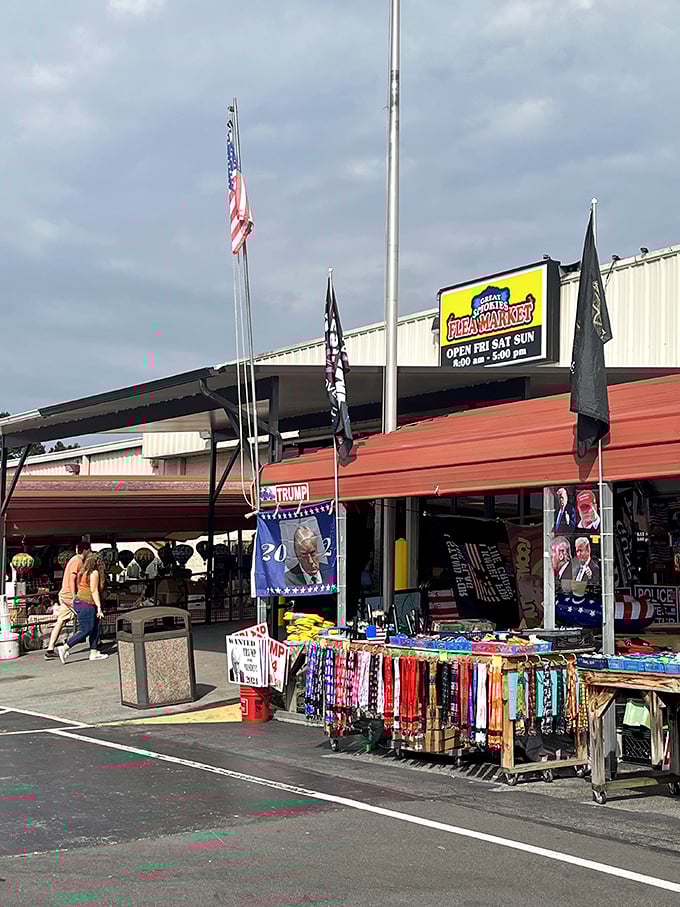 Those patriotic flags wave over booths packed tighter than a politician's promises during election season.