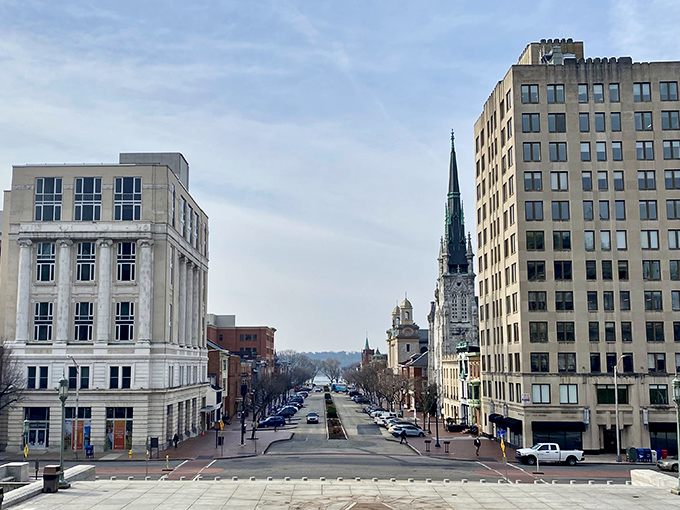 Harrisburg's impressive Capitol dome reaches skyward, a reminder that Pennsylvania's capital offers grandeur without grand expenses.