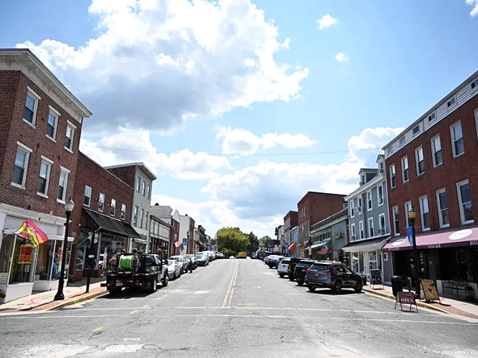 Havre de Grace's main street showcases classic American small-town charm with historic brick buildings lining both sides.