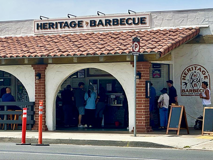 Heritage Barbecue's Spanish-style building might look unassuming, but that line of patient meat enthusiasts tells the real story.