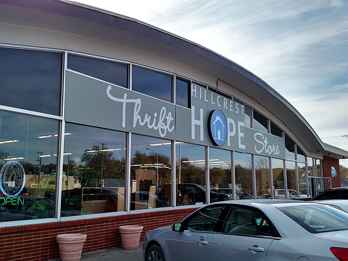 That curved storefront design makes thrift shopping feel surprisingly upscale - like Nordstrom decided to go vintage.