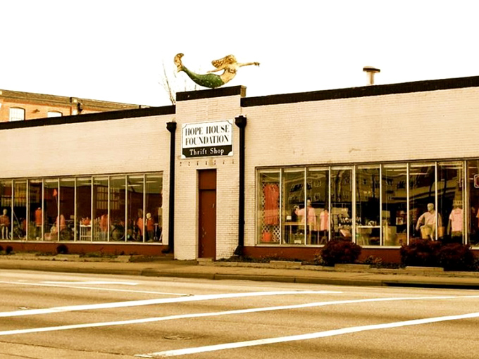 Classic brick architecture meets thrift store magic, creating the perfect backdrop for your next great bargain hunting adventure.