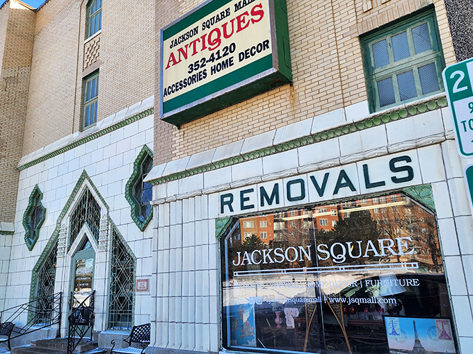 Jackson Square's vintage tile facade is a work of art itself. That "REMOVALS" sign has probably seen more history than most history books.