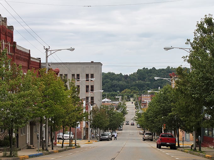 The tree-lined streets of Jeannette provide a picturesque setting for the town's well-maintained historic commercial district.