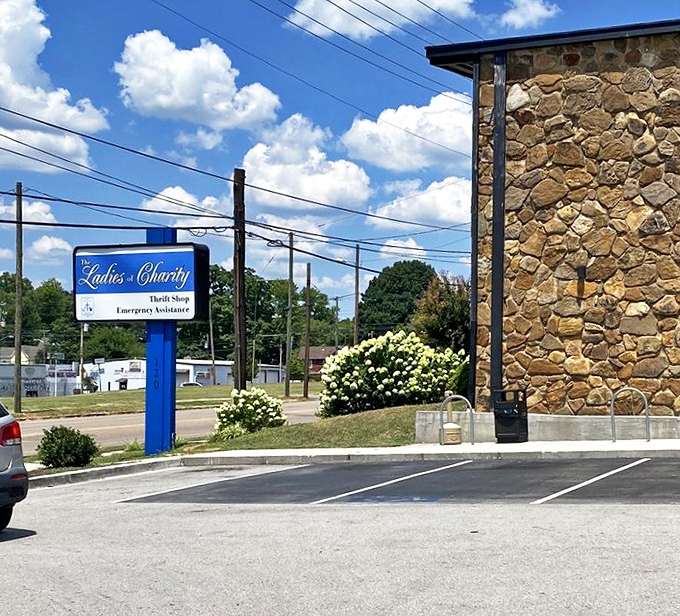 The stone building stands solid as a promise that good deeds and great deals go hand in hand.